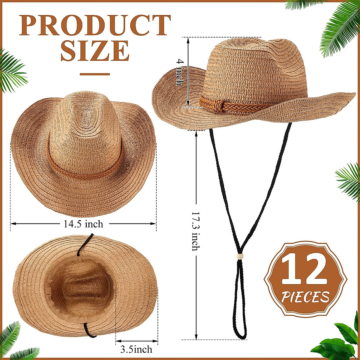 12 Pcs Straw Cowboy Hats for Women Men, Wide Brim Summer Hat Bulk Panama Sun Protection Hats for Western Themed Party Travel Decorations Brown