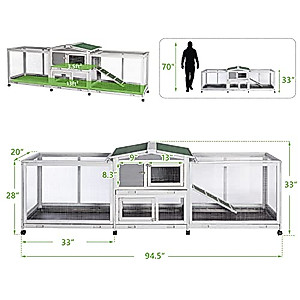 Esright Rabbit Hutch 94.5'' Bunny Cage Two Run Cage Outdoor Wooden Small Animal House on Run, with Removable Tray & Anti-Slip Ramp