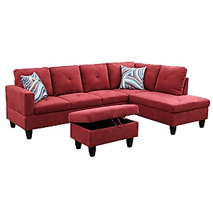 LOPOO 3-Piece 97.5'' L-Shaped Sectional Sofas with 66.5'' Chaise Lounge and Storage Ottoman, Flannelette Modular Large Living Room Couches for Home Office, Living Furniture Right Hand Facing (Red)
