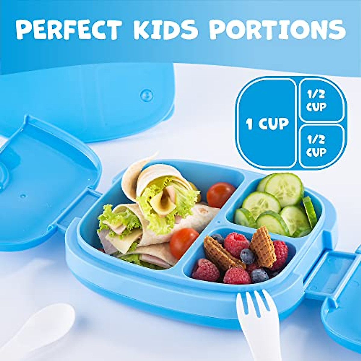 Umami Bento Lunch Box KIDS with Cutlery, Leak-Proof, Easy to Clean, 3 Compartments Bento Box for Kids, Ideal Portion Sizes for Ages 4 to 12, for Boys & Girls, Microwave, Dishwasher & Safe, BPA-Free
