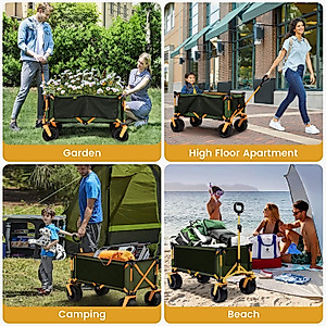 Calanofin Collapsible Folding Wagon Cart Utility 180L Portable Heavy Duty Garden Cart with All-Terrain Beach Wagon with Big Wheels for Sand, Side Pockets & Drink Holders for Shopping Camping Outdoors