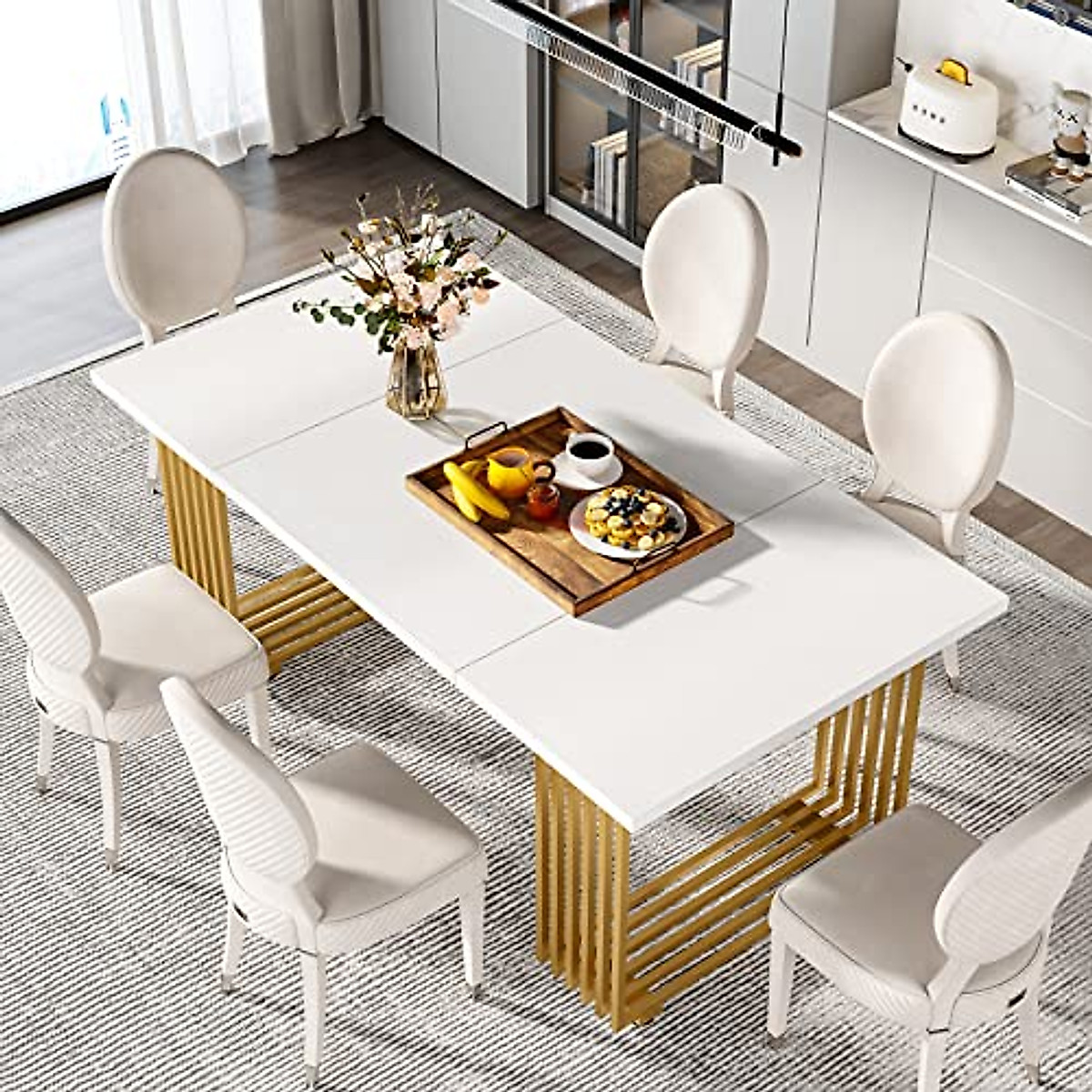 Tribesigns Modern Dining Table for 6-8 People, 70.8 Inches Long White Dining Room Table for Kitchen, Wood Kitchen Table with Gold Metal Legs, Rectangular Dinner Table for Dining Room, Family Gathering