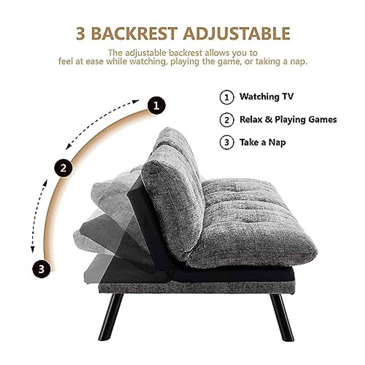 Futon Sofa Bed, Convertible Sleeper Sofa with Adjustable Backrest, Loveseat Futon Bed with Black Metal Legs, Breathable Lounge Couch for Apartment, Studio, Office, Small Space (Blue)