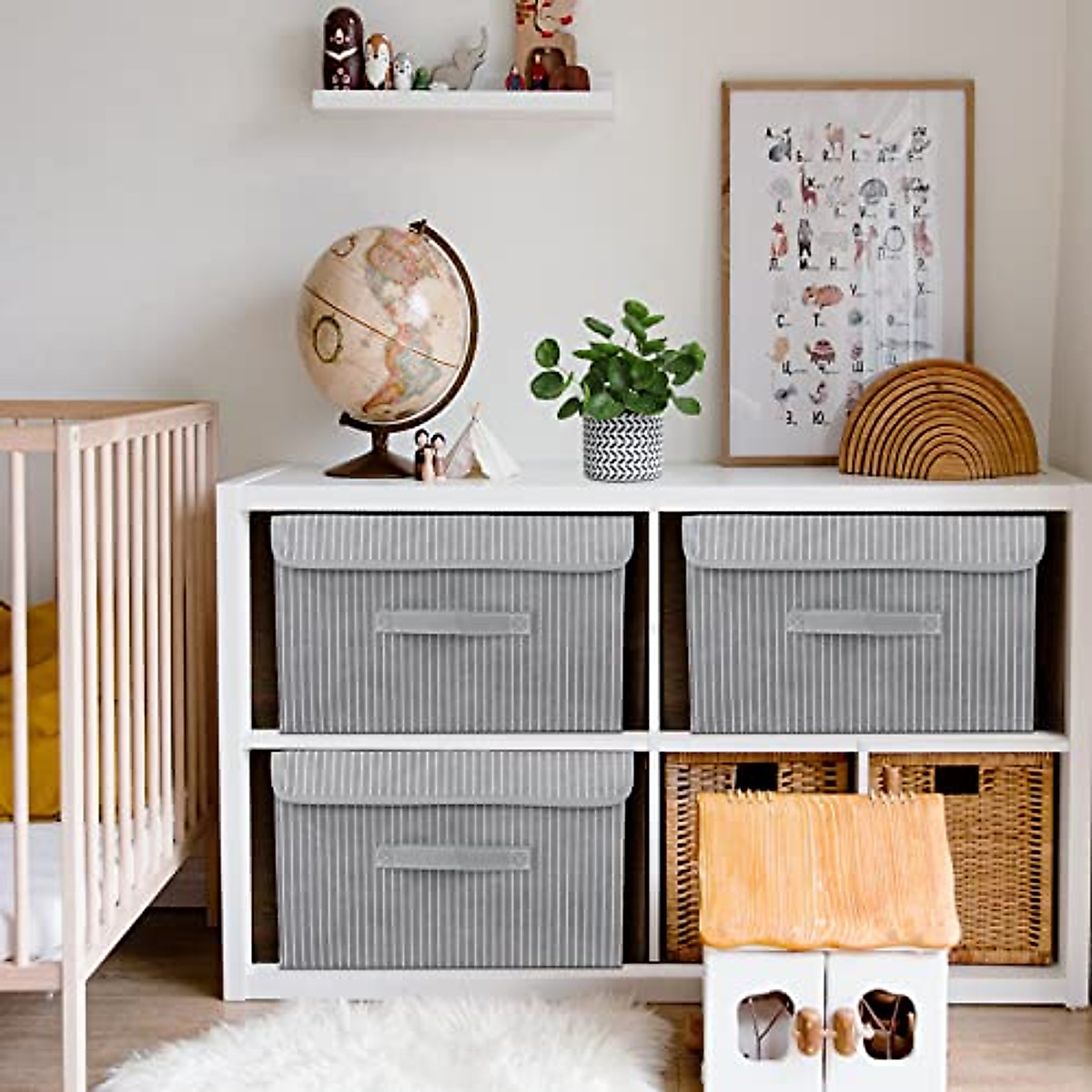 DK.AMZ Foldable Storage Bins with Lids, Fabric Storage Basket for Shelves with Handles, Collapsible Closet Organizer for Home Office, 3-pack, 15 x 9 inches, Gray & White