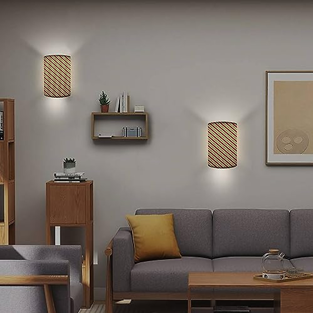 AURFIAIUOP Rechargeable Sconces Set of Two Red Green White Diagonal Lines Seamless Adjustable Brightness Fabric Wall Lamps Wireless Lights Fixtures for Bedroom Living Room Hallway