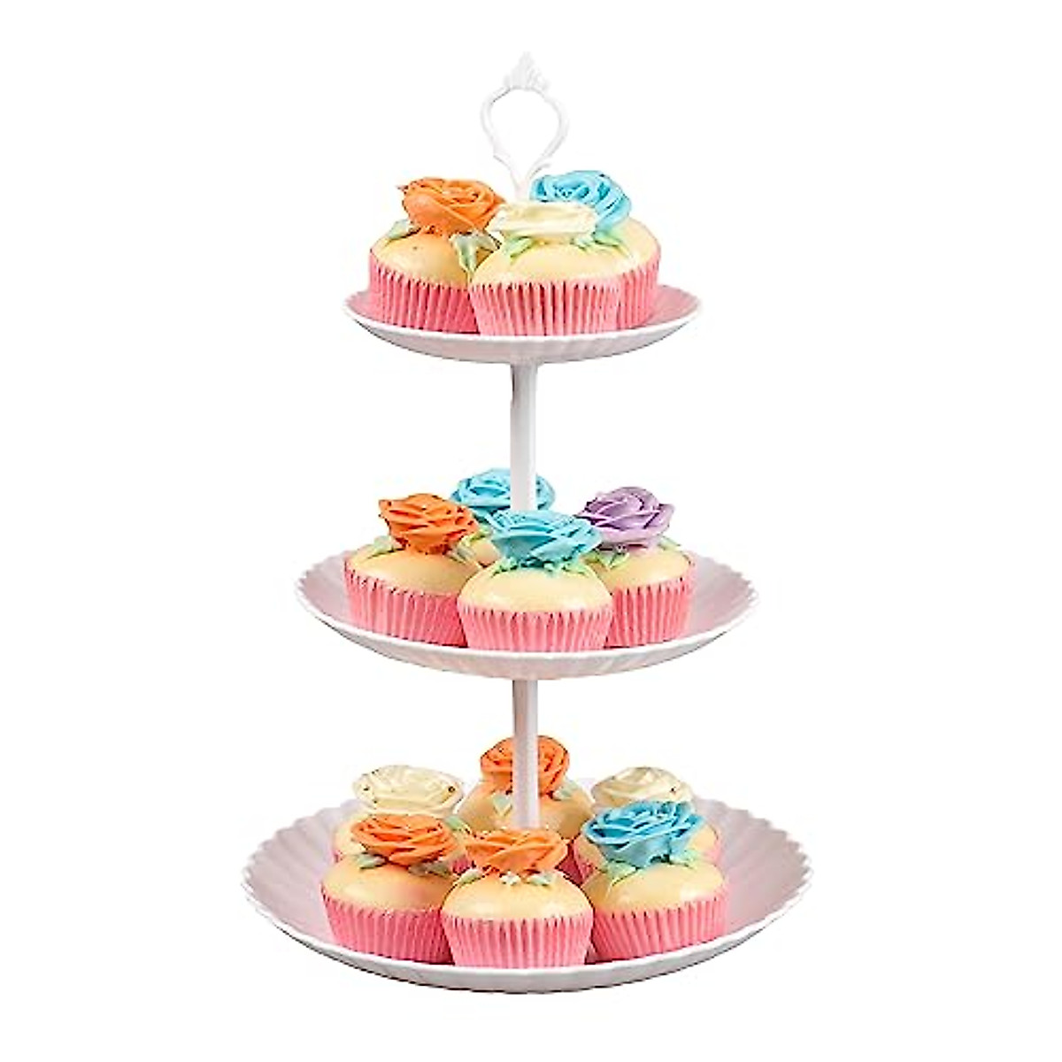 3 Tier White Plastic Cupcake Stand Serving Tray for Party & Birthday Decorations Tiered Serving Stand Dessert Stand Tray- Elegant Display Tower for Cupcakes, Desserts(1 Pack)