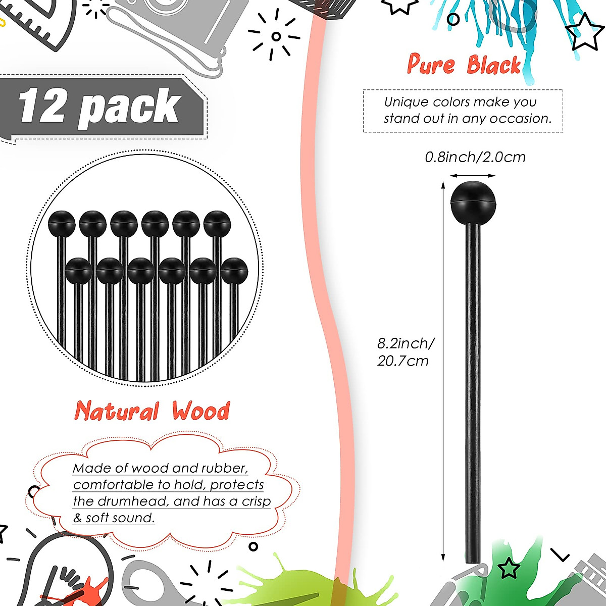 12 Pcs Glockenspiel Mallets Drum Mallets Percussion Xylophone Mallets 8.5 Inch Wood Mallets Percussion Sticks Rubber Head with Storage Bag for Xylophone Glockenspiel Marimba Bell Chime