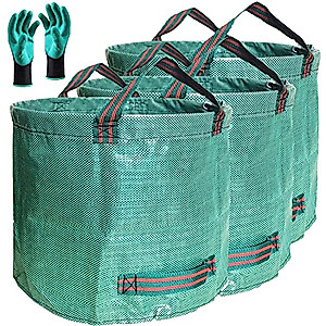 Standard 3-Pack 16 Gallons Home Garden Bags (D18, H15 inches) with Coated Gardening Gloves,Leaf Waste Bags,Patio Bag,Reusable Trash Can,Lawn Yard Waste Bags,Laundry Container with 4 handles