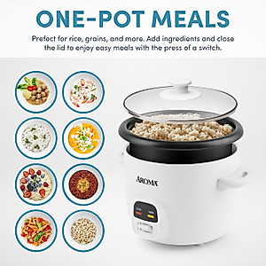 AROMA® Rice Cooker, 3-Cup (Uncooked) / 6-Cup (Cooked), Small Rice Cooker, Oatmeal Cooker, Soup Maker, Auto Keep Warm, 1.5 Qt, White, ARC-393NG