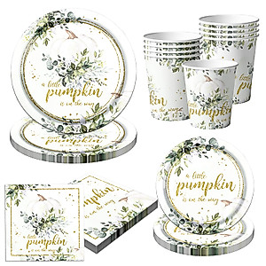 Little Pumpkin Baby Shower Decorations, A Sweet Little Pumpkin is On The Way Plates and Napkins Sage Greenery Eucalyptus Tableware Sets for Fall Baby Shower,Sage Green Birthday Supplies