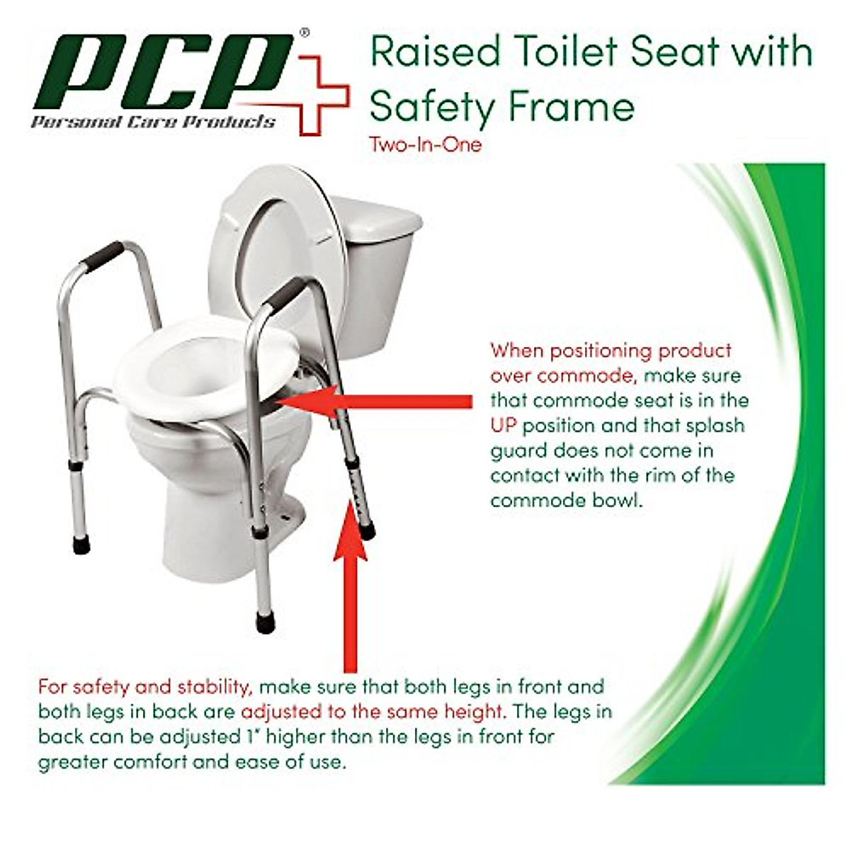 PCP Raised Toilet Seat and Safety Frame (Two-in-One), Adjustable Rise Height, Secure Elevated Lift Over Bowl, Made in USA, Regular