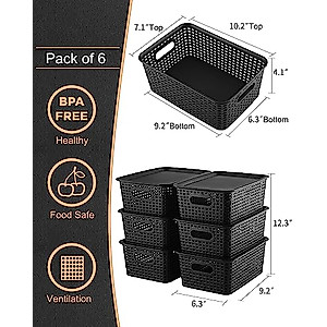 RAXMETRY Plastic Storage Baskets with Lids Pantry Organization and Storage Bins Lidded Container Organizers for Shelves Desktop Drawer Closet Bedroom, Black