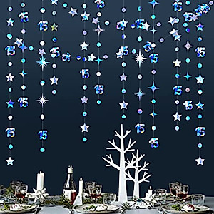 Iridescent 15th Birthday Decorations Number 15 Circle Dot Twinkle Star Garland Metallic Hanging Streamer Banner Backdrop for Girls Boys Fifteen Year Old Birthday 15th Anniversary Party Decor Supplies