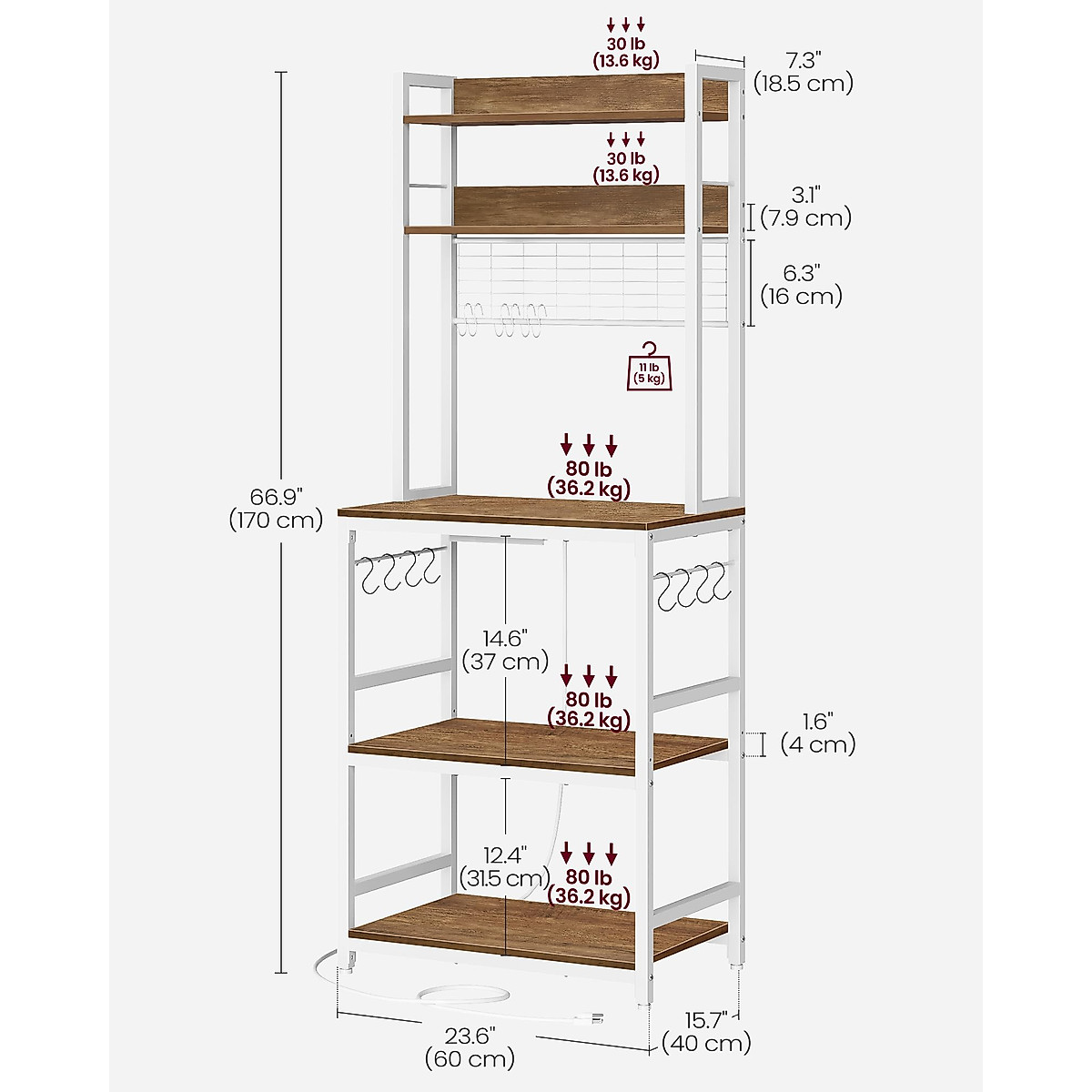 VASAGLE Hutch Bakers Rack with Power Outlet, 14 Hooks Microwave Stand, Adjustable Coffee Bar with Metal Wire Panel, Kitchen Storage Shelf, 15.7 x 23.6 x 66.9 Inches, Rustic Walnut and White UKKS037W41