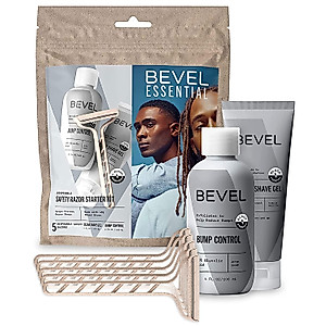 Bevel Essentials Disposable Safety Razor Shaving Starter Kit for Men, Includes 5 Stainless Steel Double Sided Safety Razors, Clear Shave Gel, and Post Shave Bump Control Cream