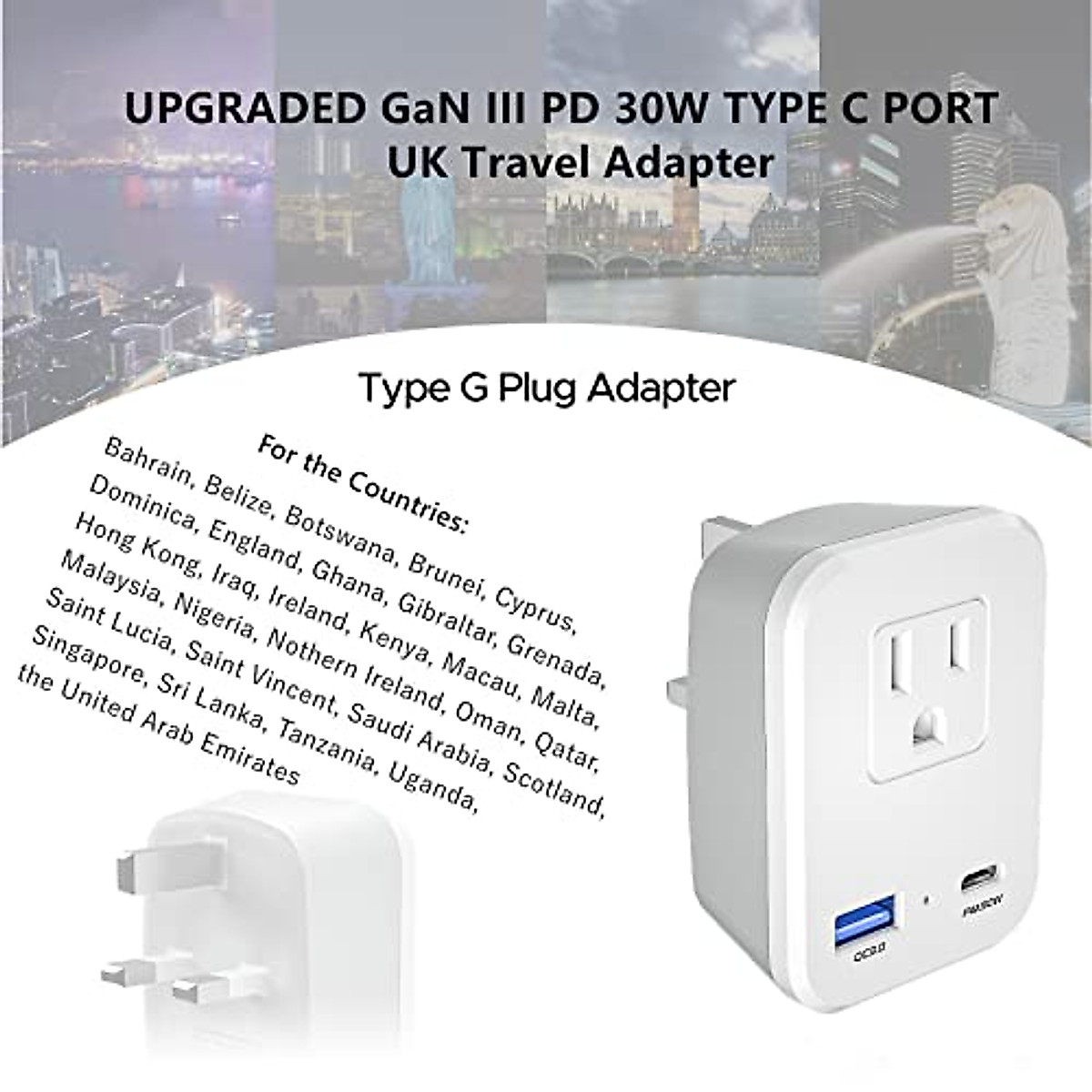 Type G UK Power Plug Adapter, 2 Travel Adapters for US to British England,Ireland,Scotland & Universal Outlet to US Travel Plugs,AC Outlets with PD 30W USB C Charger for iPad Pro/Air, All iPhone,etc