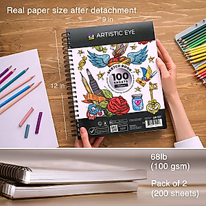 Artisto 9x12" Premium Sketch Book Set, Spiral Bound, Pack of 2, 200 Sheets (100g/m2), Acid-Free Drawing Paper, Ideal for Kids, Teens & Adults.
