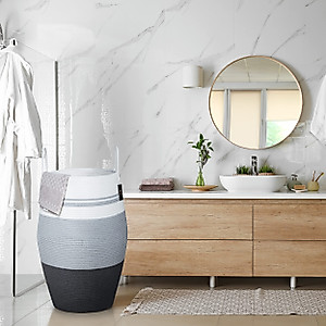 Hiromi Cotton Rope Basket - Decorative White Storage Bins for Room Organization - Firm Woven Hamper for Laundry - Toys, Towel, Cushion, Throw Pillow, Blanket Holder with Durable Handles - 20in x 26