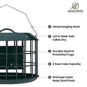 Kingsyard Squirrel Proof Suet Feeder, Cage Bird Feeders for Outdoors Hanging, All Metal, Double Suet Cake Capacity, Tray & Weatherproof, Green