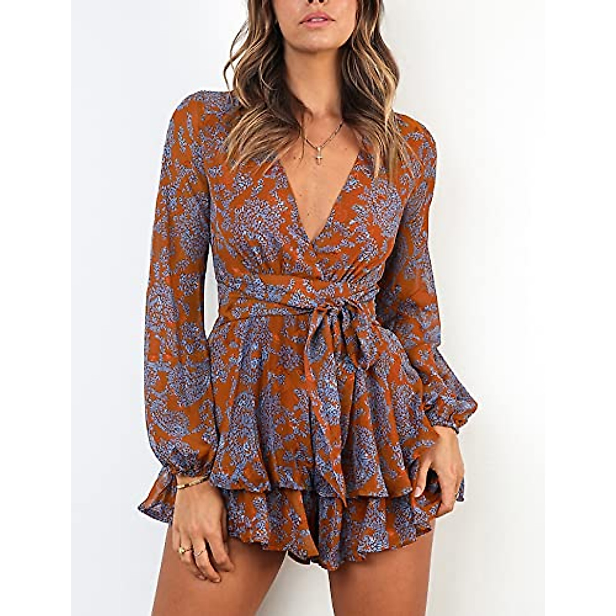 Relipop Women's Jumpsuit Floral Print V Neck Baggy Sleeve Waist Tie Double Layer Ruffle Hem Short Mini Dress Romper