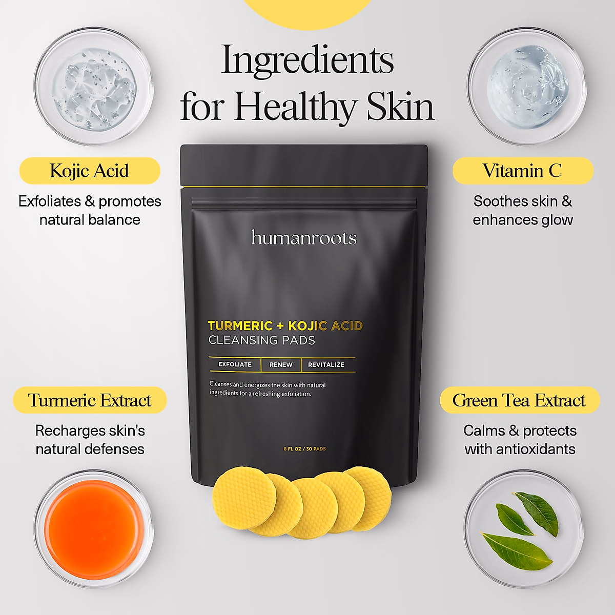 Turmeric Kojic Acid Cleansing Pads - Turmeric Face Scrub Pads with Vitamin C (30 pads), Kojic Acid and Turmeric Cleansing Pads for Exfoliation - Made With Vitamin B5