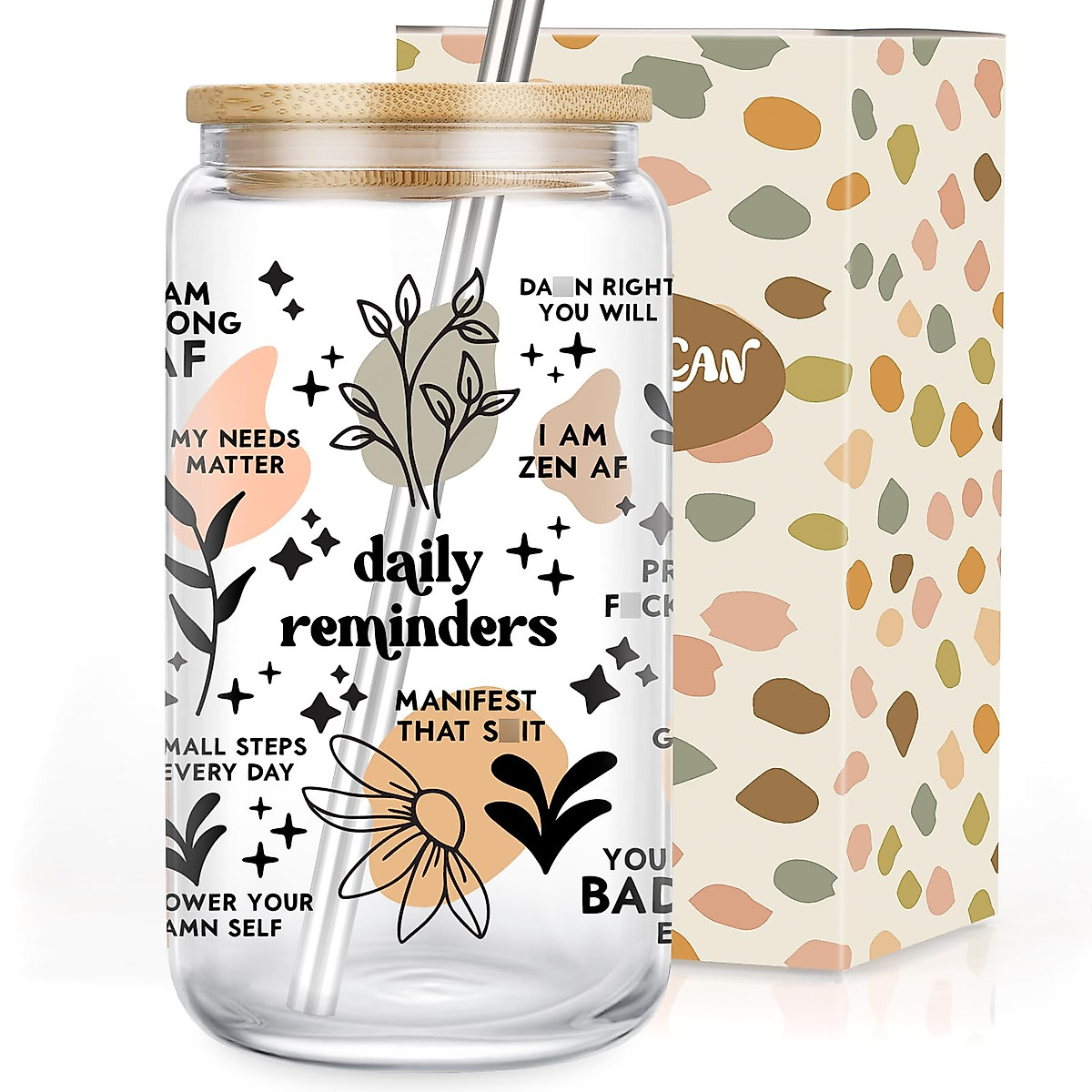 Coolife Positive Daily Affirmations Cup - Mental Health, Funny Sobriety, Christmas, Inspirational, Motivational Gifts for Women, 16 oz Drinking Tumbler Glass Cups w/Lids Straws for Iced Coffee