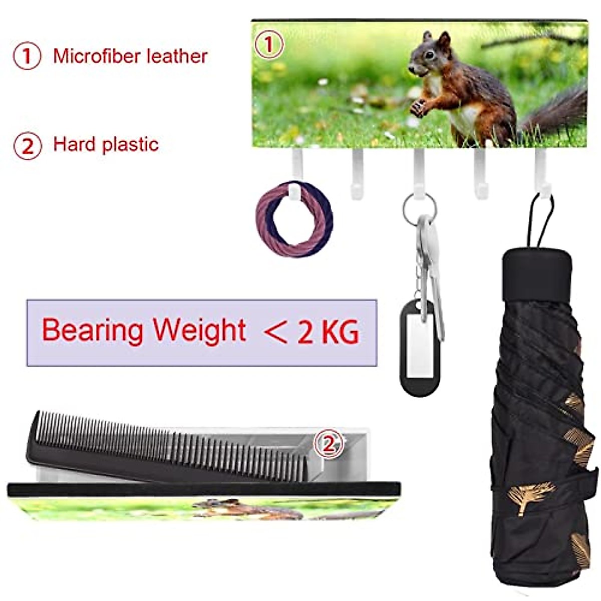 Cute Squirrel Mail Holder Organizer and Key Hooks PU Front, Self Adhesive Key Rack with 5 Hooks Perfect for Entryway, Hallway，Bathroom ，Kitchen