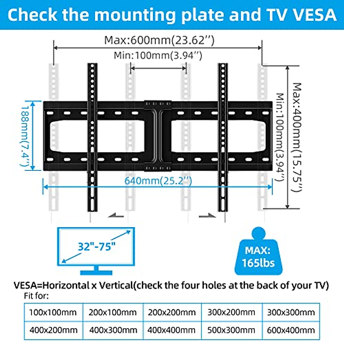 HOME VISION Fixed TV Wall Mount, Low Profile TV Mount for Most 32-75 inch TVs, TV Wall Mount Bracket Max VESA 600X400mm Up to 165lbs Fits 16”-18”-24” Wood Studs, Quick Release Lock