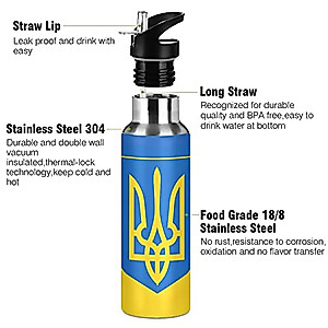 Stainless Steel Water Bottle with New Wide Handle Straw Lid Ukraine Flag National Emblem Portable Sport Bottle 20 Oz