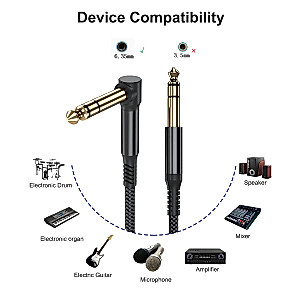 Elebase 1/4 Inch TRS Instrument Cable 15ft 2-Pack,Right-Angled to Straight 6.35mm Male Jack Stereo Audio Cord,6.35 Balanced Interconnect Line for Electric Guitar,Bass,Keyboard,Mixer,Amplifier,Speaker