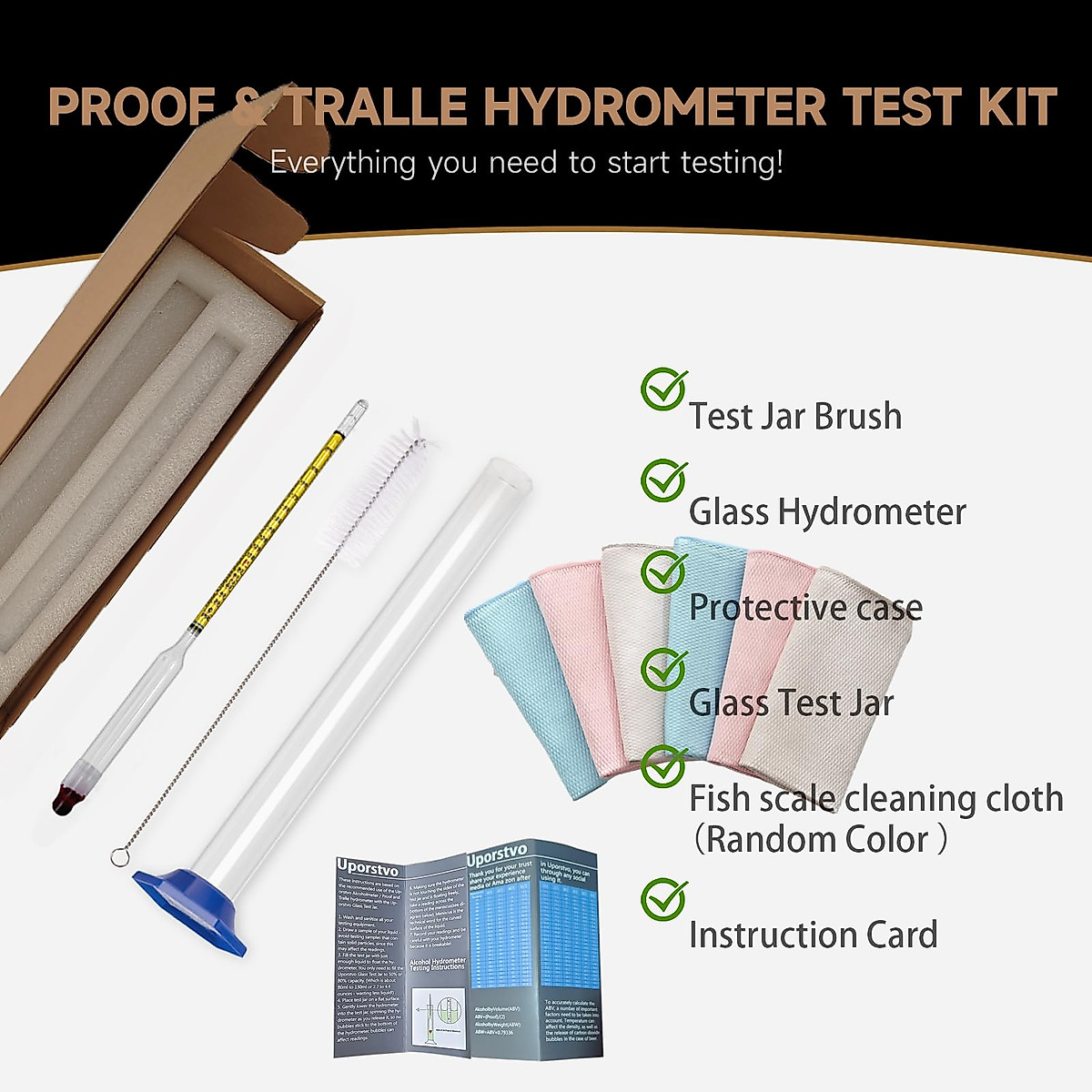0-200 Proof & Tralle Alcohol Hydrometer Meter Test Kit,with Glass Test Jar,Accurate Tester & Glass Cylinder for Proofing Distilled Spirits & Moonshine Alcoholmeter Testing Set,Uporstvo