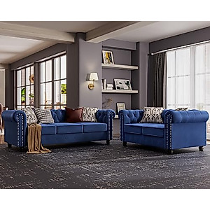 Morden Fort Classic Chesterfield Loveseat Set 60'', Tufted Loveseat Sofa Set with Solid Wood Legs Thick Cushion, Pet-Friendly 2-Seater Sofa Couch for Living Room Bedroom Apartment - Velvet Blue