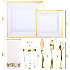 FOCUSLINE 350 Piece Square Dinnerware Set-50 Gold Rim Dinner Plastic Plates-50Gold Rim Dessert Plates-50 Gold Plastic Cups-50 Linen Like Gold Paper Napkins, 50 Guest Disposable Gold Dinnerware Set
