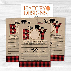 25 Lumberjack Bear Baby Shower Invitations, Sprinkle Invite For Boy, Coed Rustic Gender Reveal Theme, Cute Woodland Adventure DIY Fill or Write In Blank Printable Card, Animal Forest Party Supplies