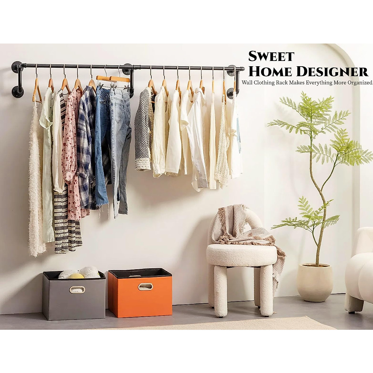 Clothes Rack, Industrial Pipe Clothing Rack for Hanging Clothes, Wall Mounted Heavy Duty Space Saving Garment Racks, Multi-Purpose Clothing Hanging Rods for Closet Storage, Black