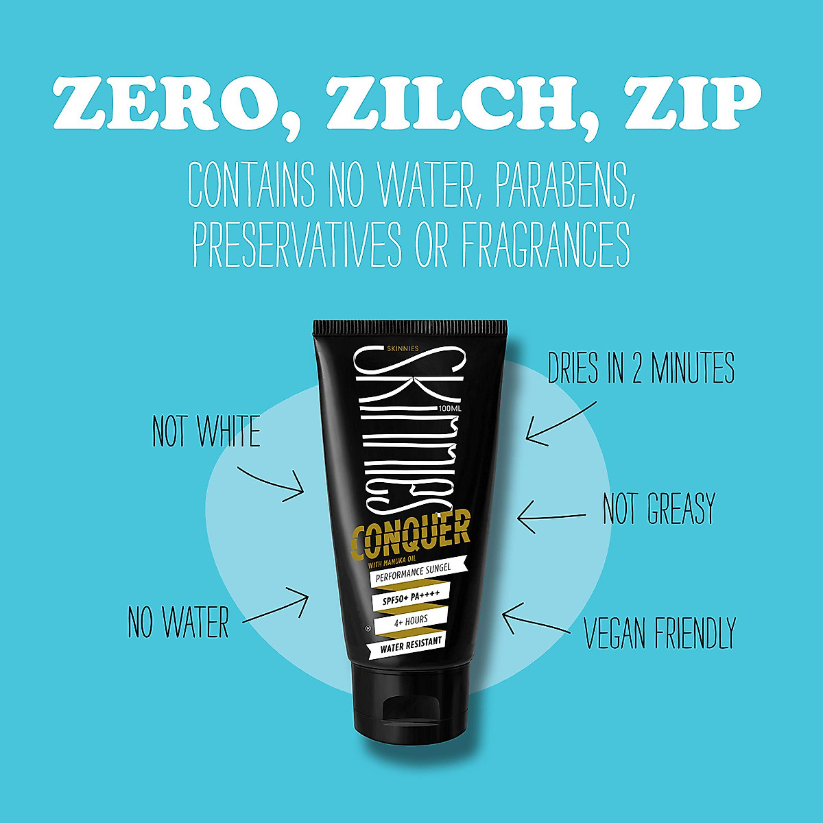 Skinnies 100ml SPF50+ CONQUER, Sungel Sun Cream, Broad Spectrum, Reef Safe, Water Resistant 4 hours