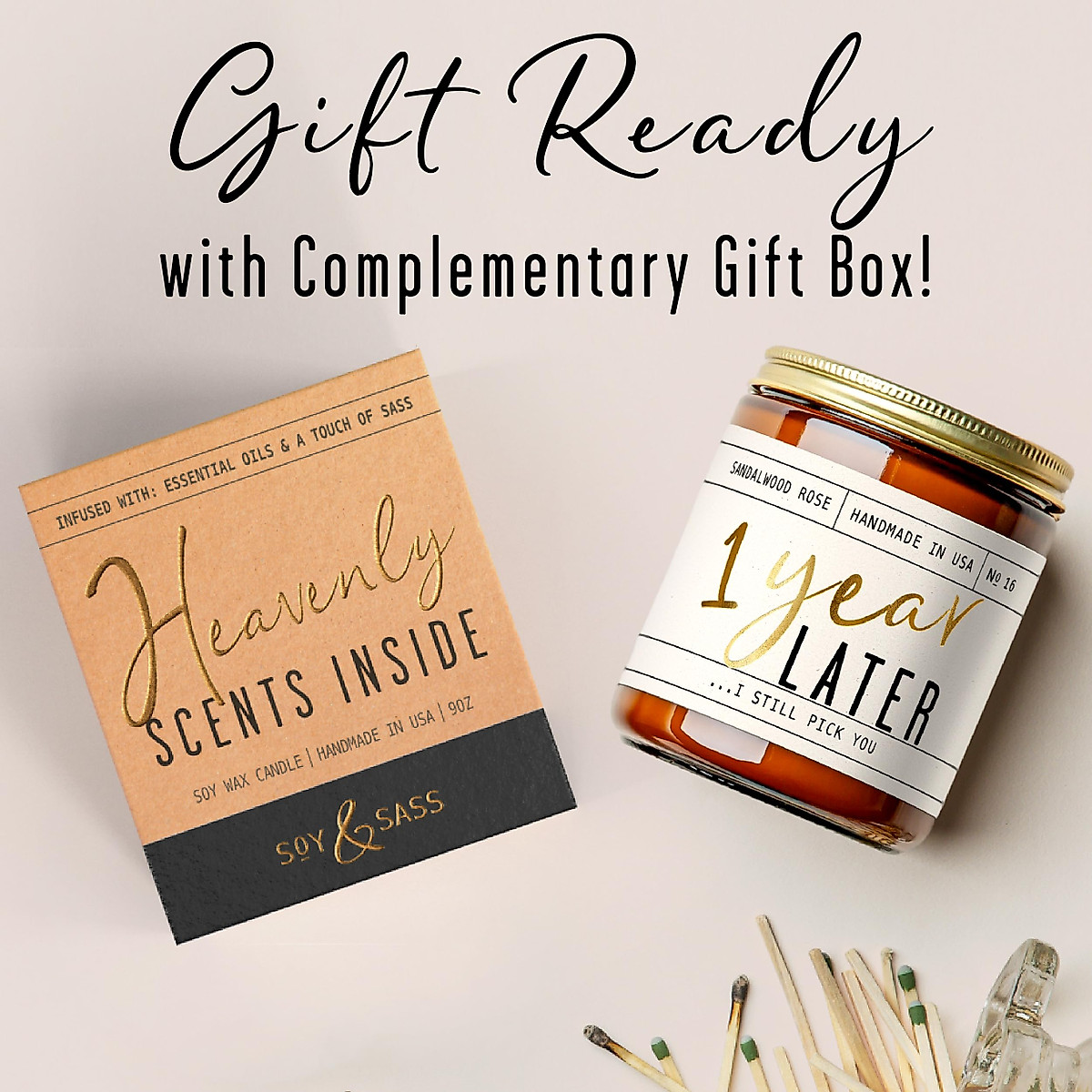 1 Year Anniversary Gifts for Girlfriend or Wife - '1 Year Later' Candle, w/Sandalwood Rose - infused w/Essential Oils I 1st Anniversary Gift I One Year Anniversary Gifts for Her I 50Hr Burn, USA Made