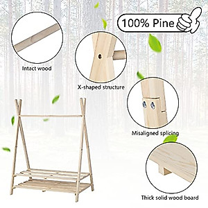 PETKABOO Kids Clothing Rack, Baby Clothes Rack, Freestanding Clothing Rack with Storage Shelf & Hanging Rod, Stable Triangular Frame, 100% Natural Pine Wood Garment Rack, Beige