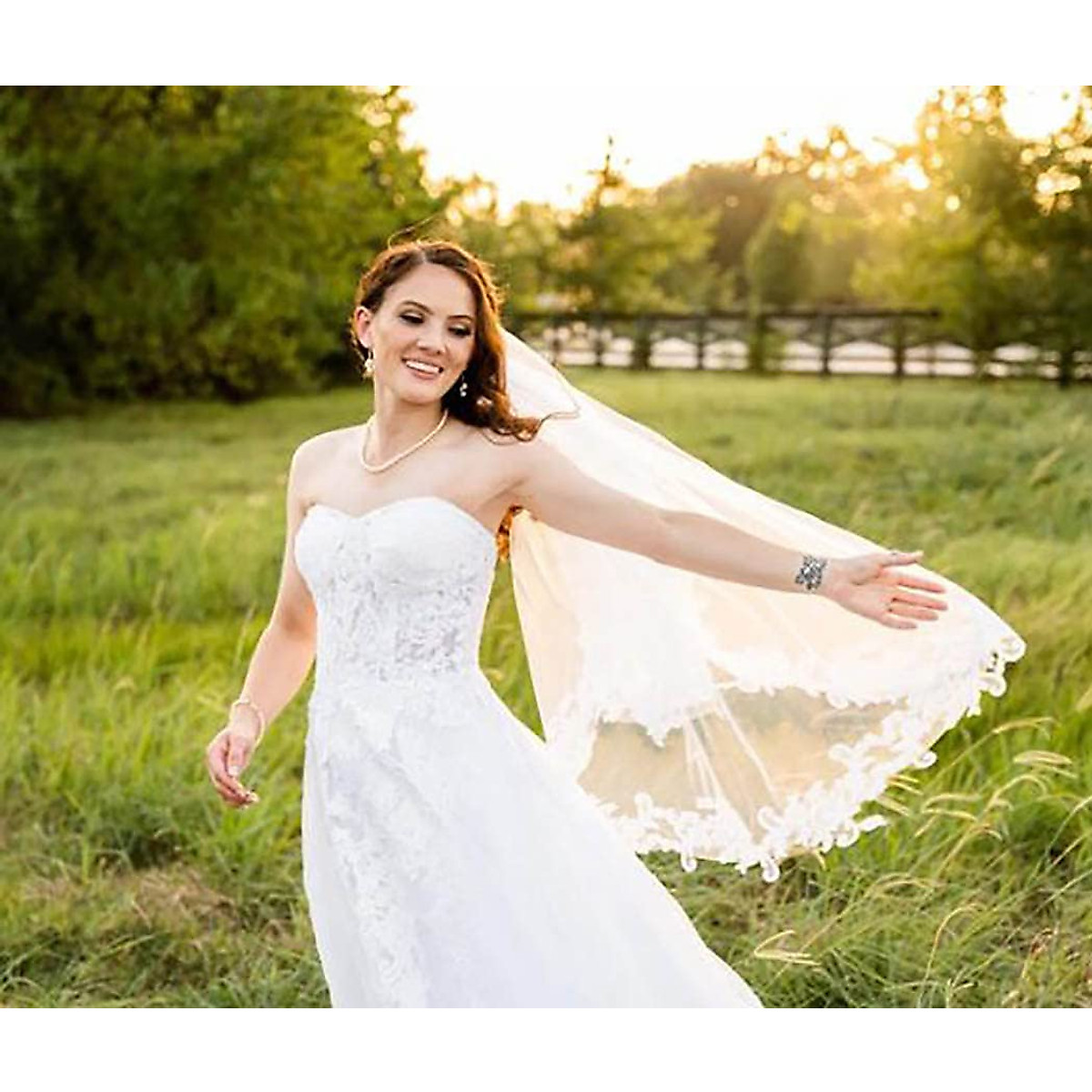 Ursumy Wedding Lace Veil Short Sparkle Waist Veils 2 Tier Soft Tulle Bridal Veils with Comb (White)