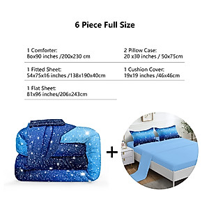 ROWADALO 6 Pieces Blue Gradient Glitter Sparkles Comforter Set Full Size,Galaxy Starry Sky Bedding Sets 6 Pcs Bed in A Bag for Kids Teen Ultra Soft All-Season Girls Comforter Set,DJT-GB5002 Full