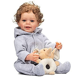 ROSHUAN Reborn Baby Boy 22 inch Anatomically Correct Baby Boy Doll Silicone Full Body Realistic Boy Toddler Baby Dolls Curly Hair with Teeth for Boys Girls Gift