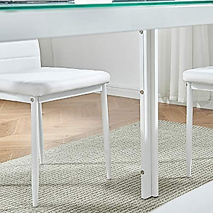 IDS Online Deluxe Glass Dining Table Set 7 Pieces Modern Design With Faux Leather Chair Elegant Style Anti Dirt, White