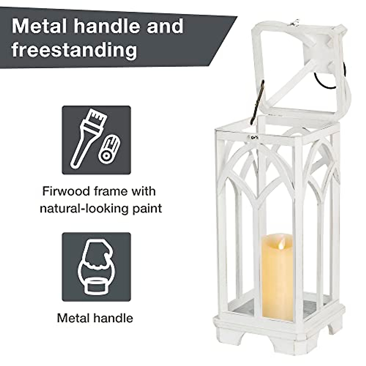 Glitzhome Farmhouse Decorative Lanterns Wooden Candle Lantern Church Window Frame Lanterns for Wedding Mantle Entryway Home Patio Balcony Garden, Pack of 2, Wash White, No Glass