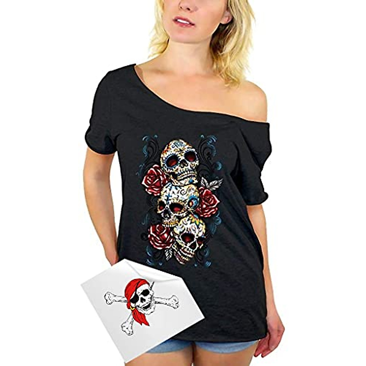 Awkwardstyles Three Sugar Skulls with Roses Off Shoulder Tops T-Shirt + Sticker Gift Black XL