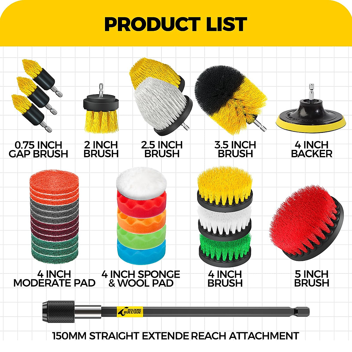 Holikme 30 Piece Drill Brush Attachments Set,Scrub Pads & Sponge, Power Scrubber Brush with Extend Long Attachment All Purpose Clean for Grout, Tiles, Sinks, Bathtub, Bathroom, Kitchen