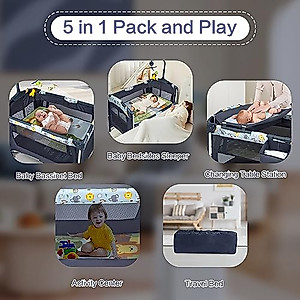 5-in-1 Baby Bassinet Bedside Crib, Pack and Play Long Next to Bed Crib Co Sleeper with Toys & Music Box, Mattress, Foldable Playard, Playpen Travel Bed Nursery Center for Girl Boy Infant Newborn