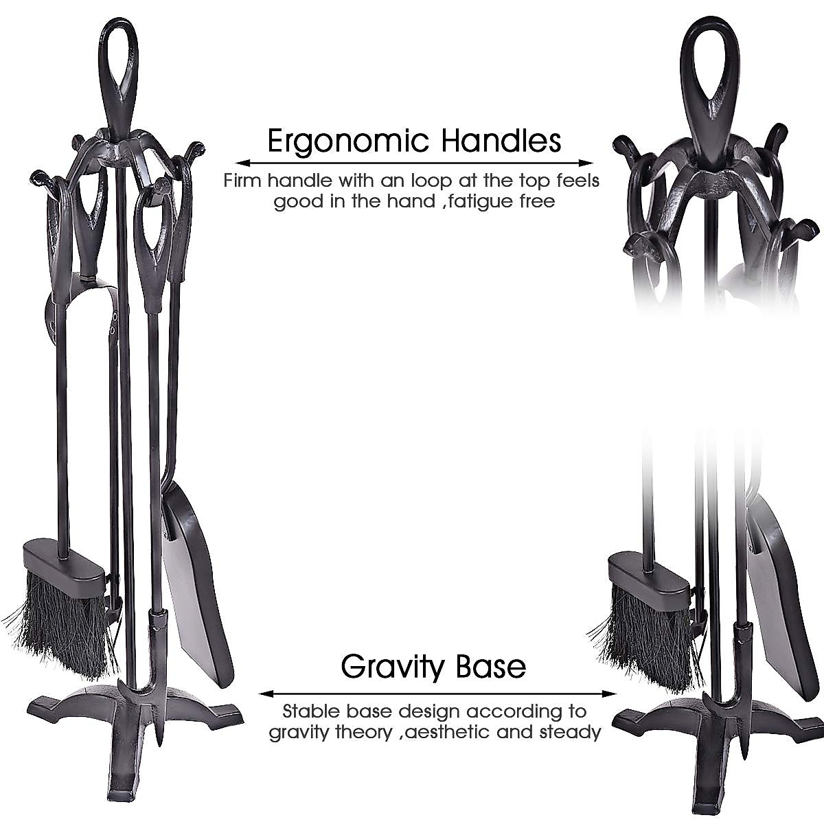 Tangkula Fireplace Set 5 Piece Rustic Heavy Duty Compact Wrought Iron Fire Place Tool Set with Pedestal Place, Hearth Tool, 25.5"