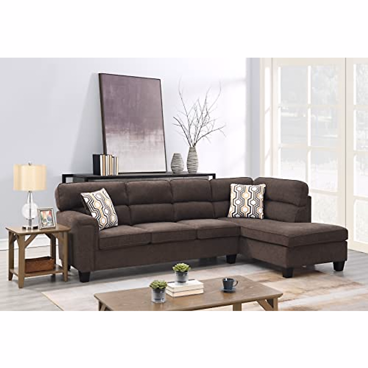 118" Wide Large Modern Upholstered L-Shaped Sectional Sofa with 2 Cushions, Modern Tufted Micro Cloth Couch with Soft Memory Foam Seats, 5 Seater Modular Sofa - Chocolate Brown - Oliver & Smith