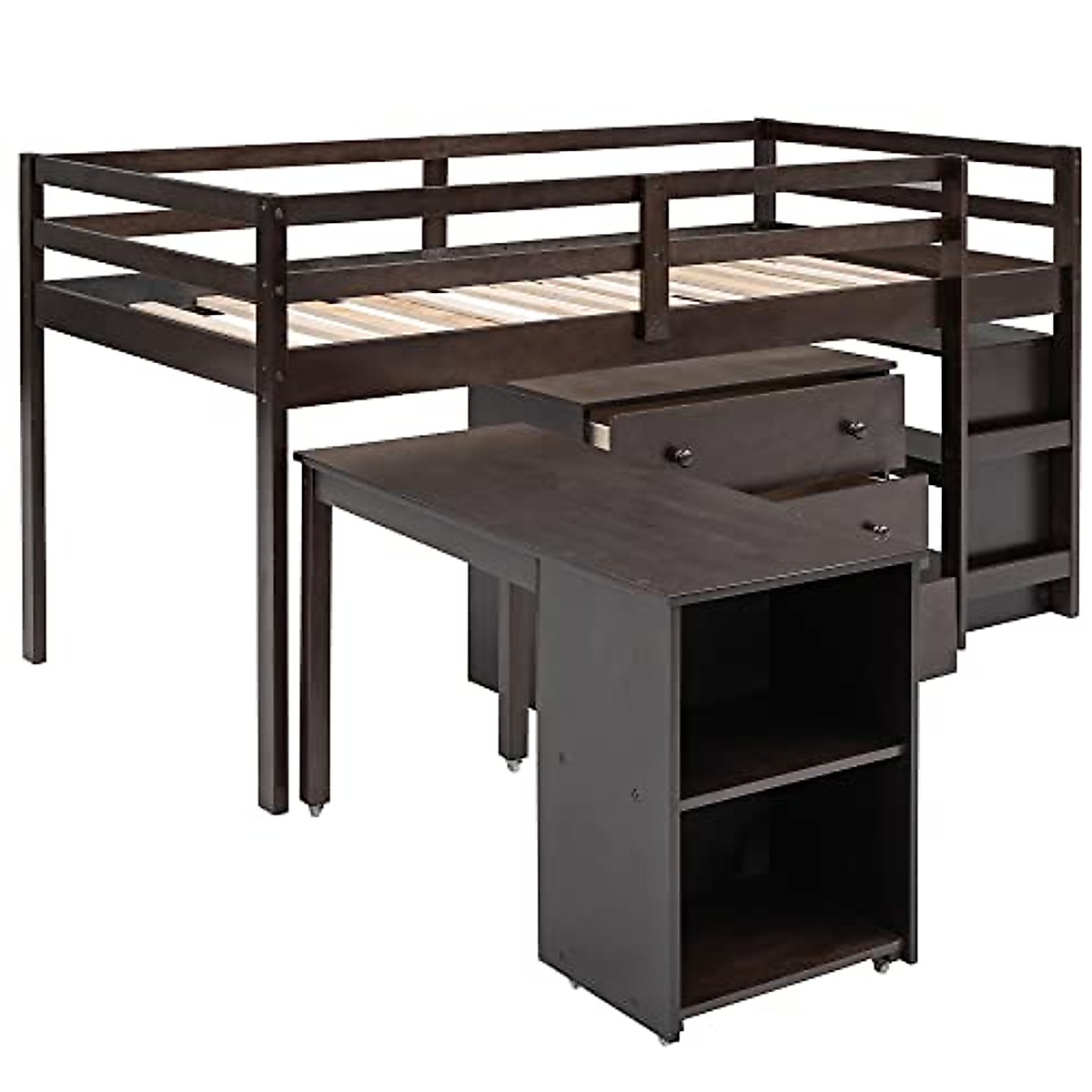 DEYOBED Twin Size Wooden Loft Bed Frame with Cabinet, Rolling Portable Desk and Storage Shelves for Kids Teens