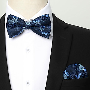 HISDERN Bow Ties for Men Blue Bow Tie Pre-tied Black Paisley Bow Ties and Pocket Square Set Formal Men's Floral Bowtie Classic Bowties for Wedding Party